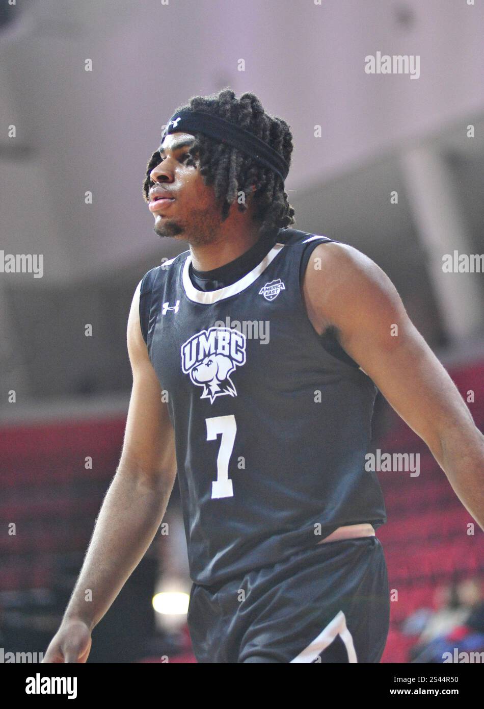 Newark, USA. 09th Jan, 2025. UMBC's Tim Eze (7) during the Retrievers Division I matchup against ...