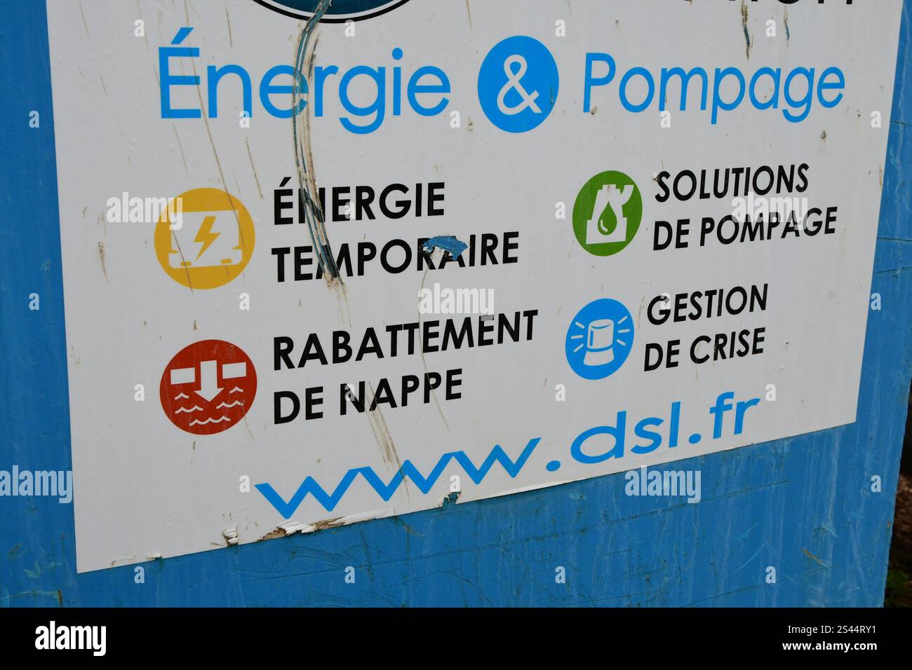 View of inscriptions of pumping pipe for a temporary energy project by ...