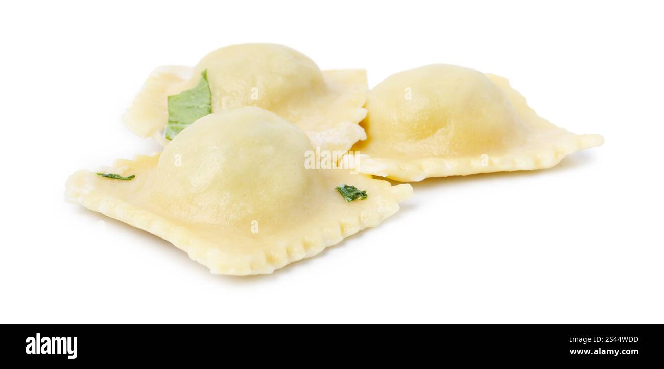 Three delicious ravioli with cheese isolated on white Stock Photo - Alamy