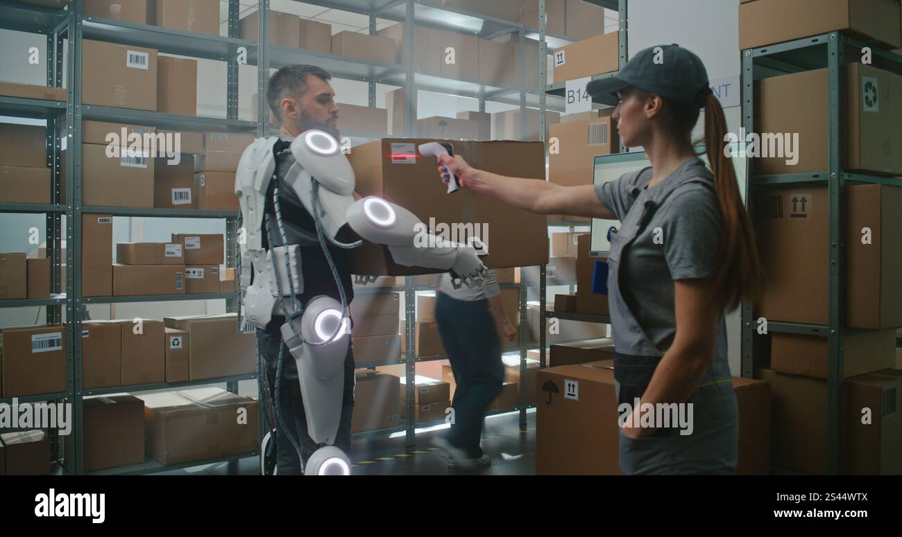 High-Tech Advanced Warehouse: Sorting Center Worker in Futuristic Full ...