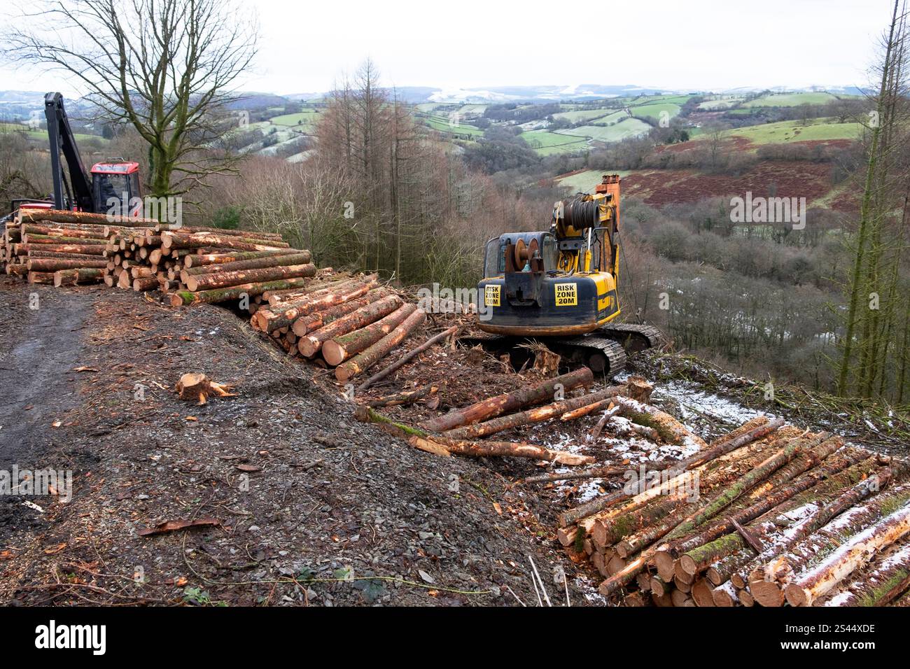 Heavy equipment machine in landscape with larch trees with disease ...