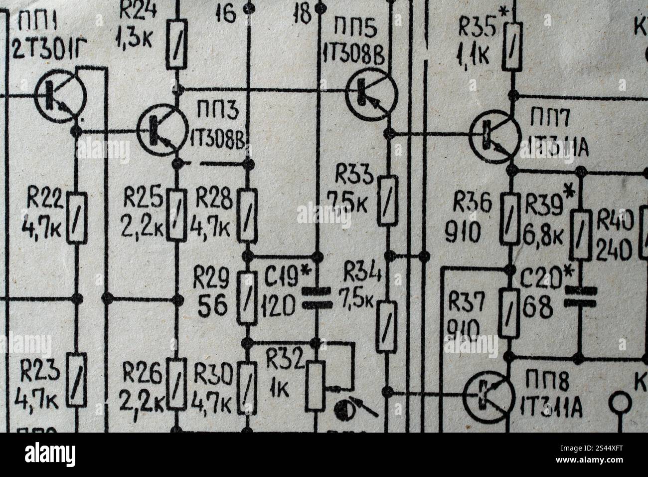 Old radio circuit printed on vintage paper electricity diagram as ...