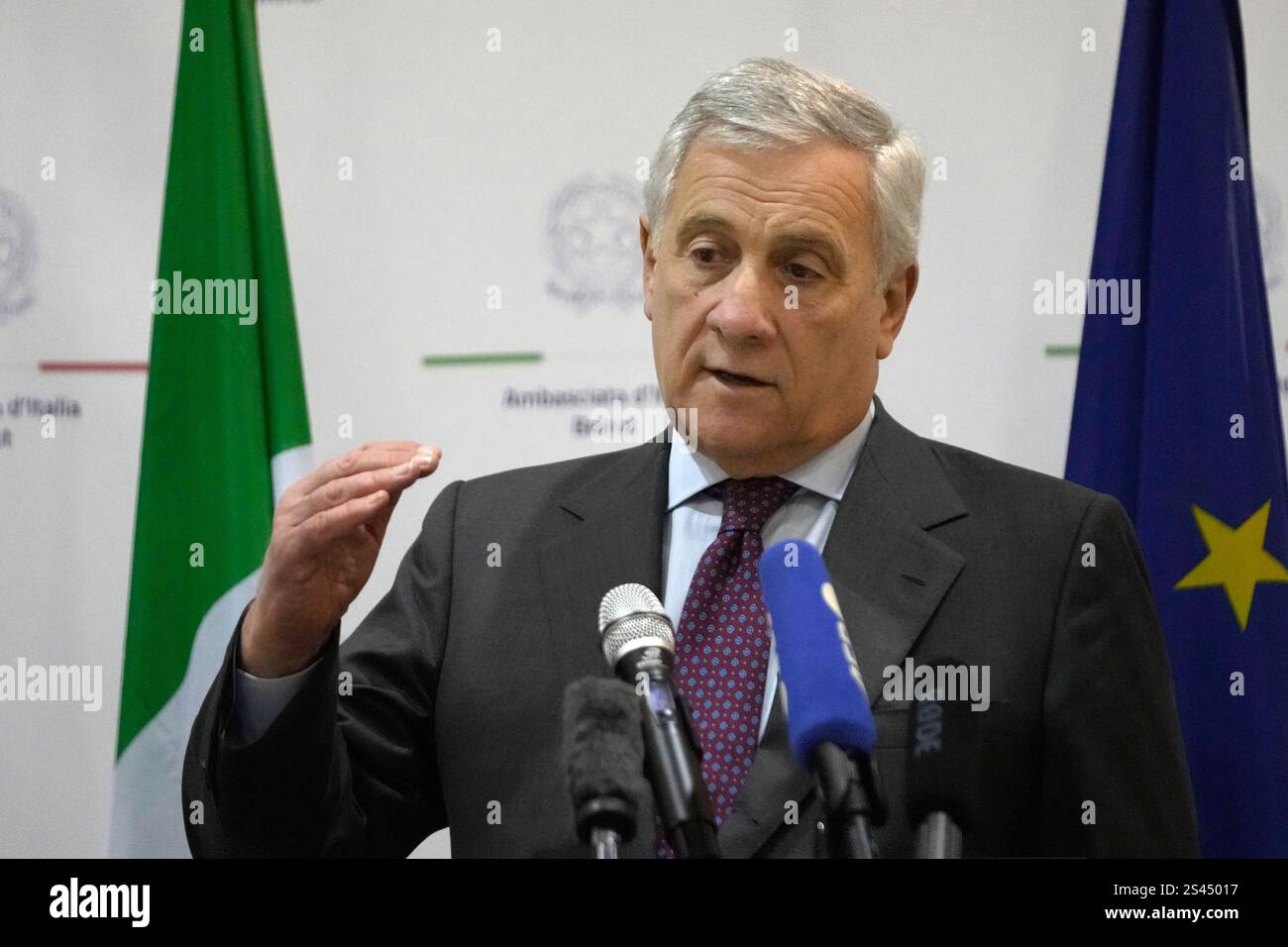 Italian Foreign Minister Antonio Tajani, speaks during a press ...