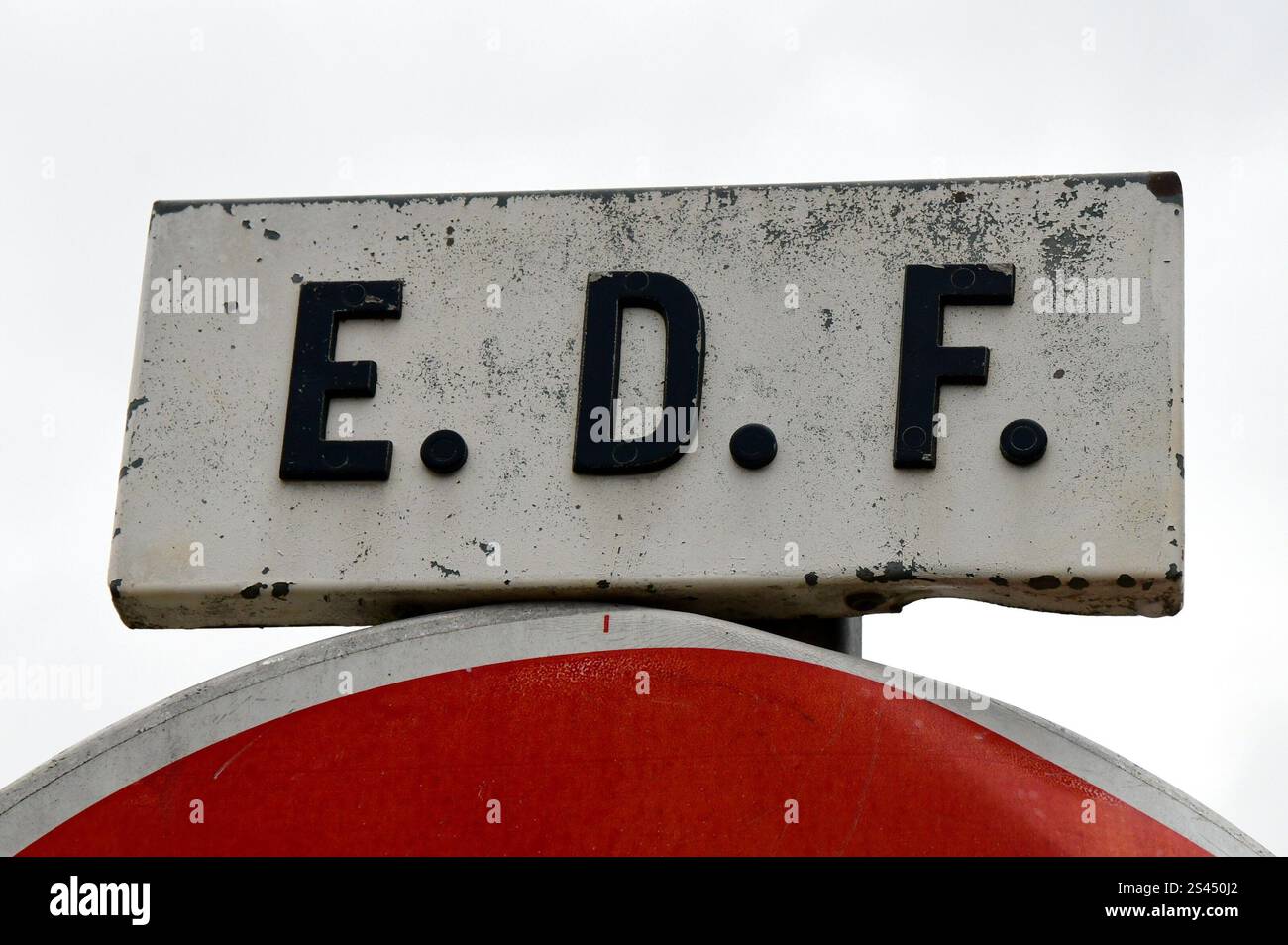 View of EDF panel logo of the Cusset hydroelectric power station in ...