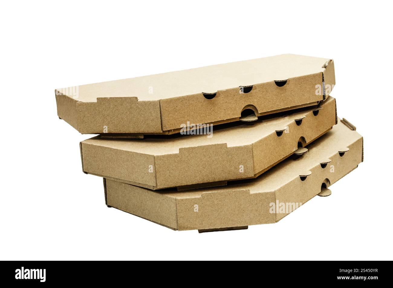 A stack of three plain brown cardboard pizza boxes are designed to hold ...