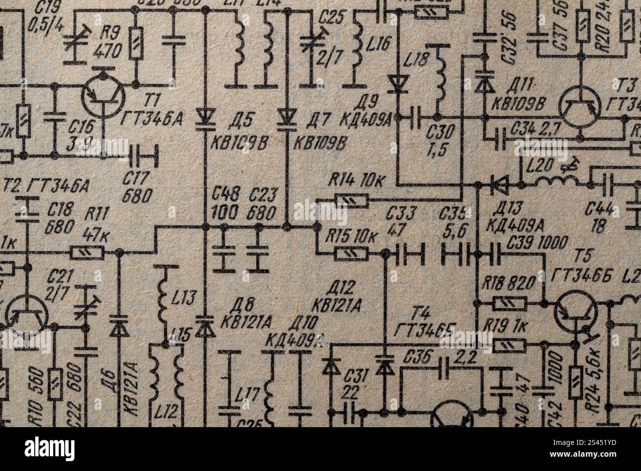 Old radio circuit printed on vintage paper electricity diagram as ...