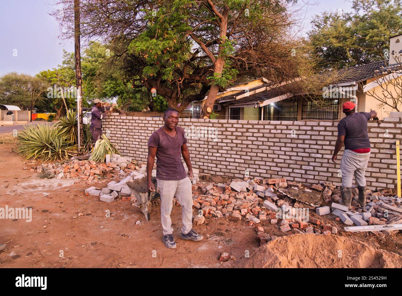 bricklayer african men colleagues , pushing wheelbarrow, using a trowel ...