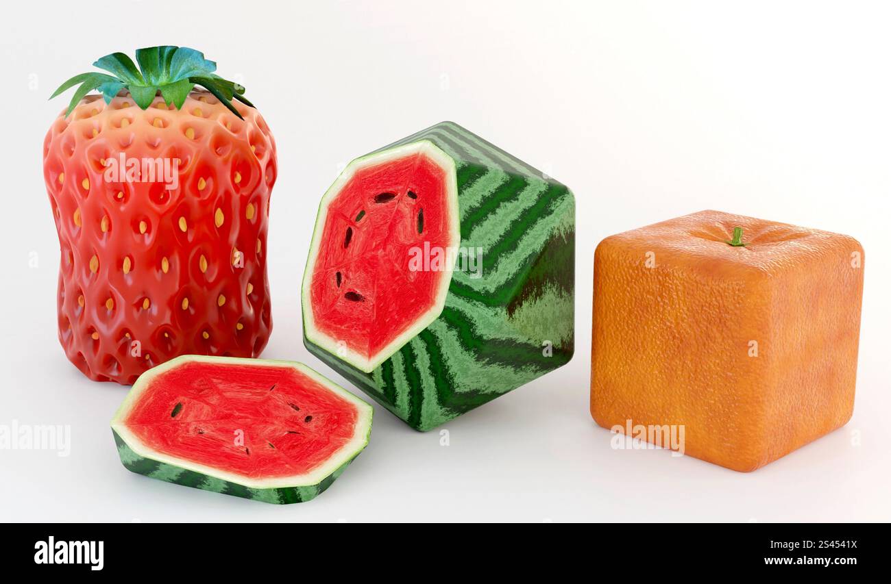 3D conceptual illustration of transgenic fruits with anomalous ...