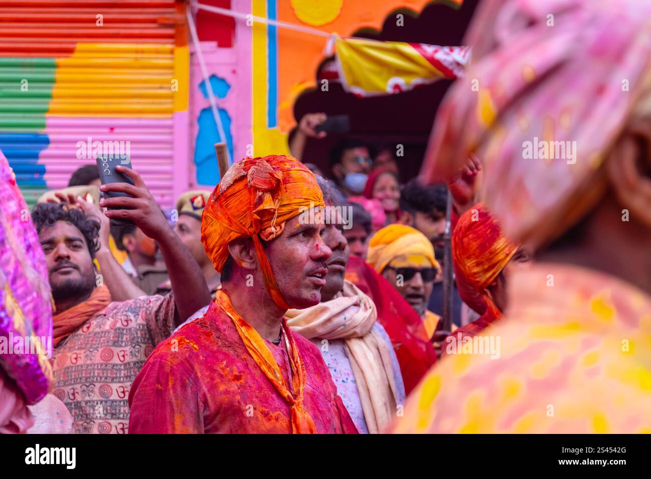 Group of hindu male from nandgaon in traditional clothes and colorful ...