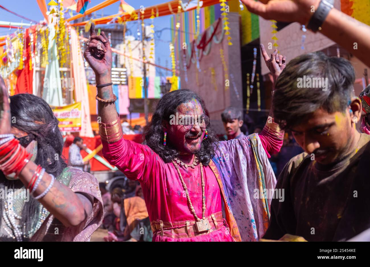 Group of hindu male from nandgaon in traditional clothes and colorful ...
