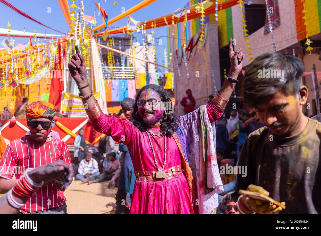 Group of hindu male from nandgaon in traditional clothes and colorful ...