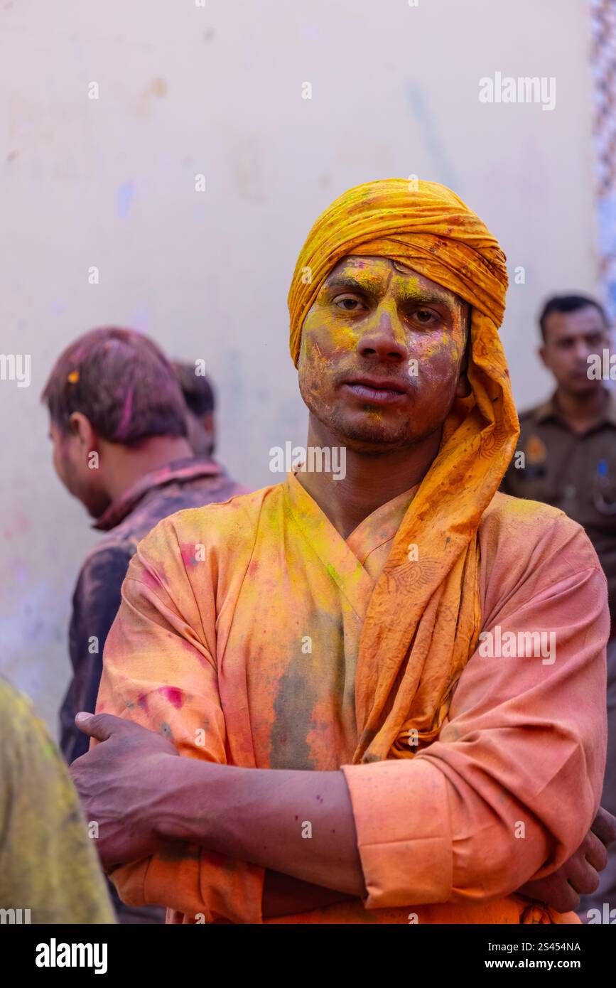 Group of hindu male from nandgaon in traditional clothes and colorful ...