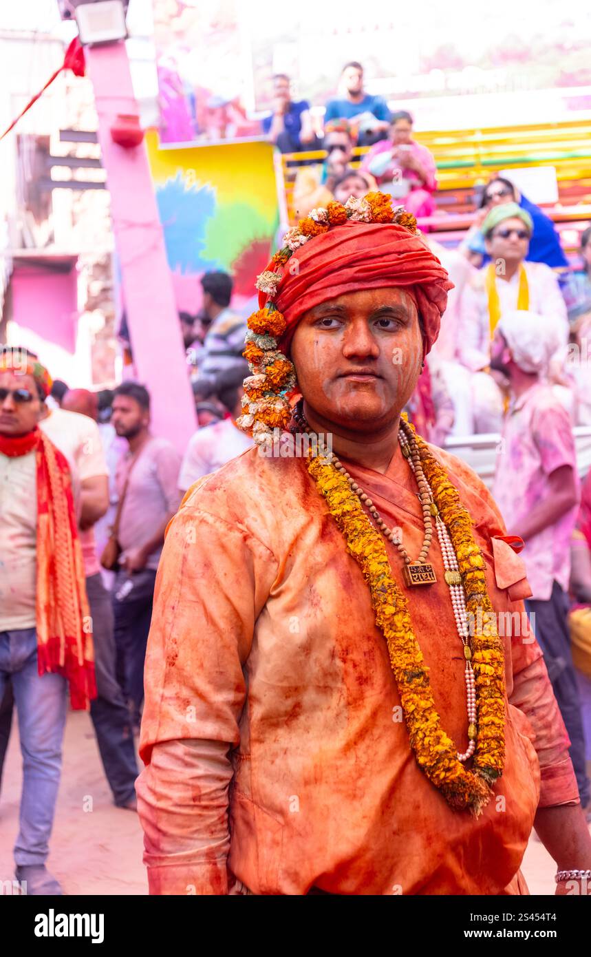 Group of hindu male from nandgaon in traditional clothes and colorful ...