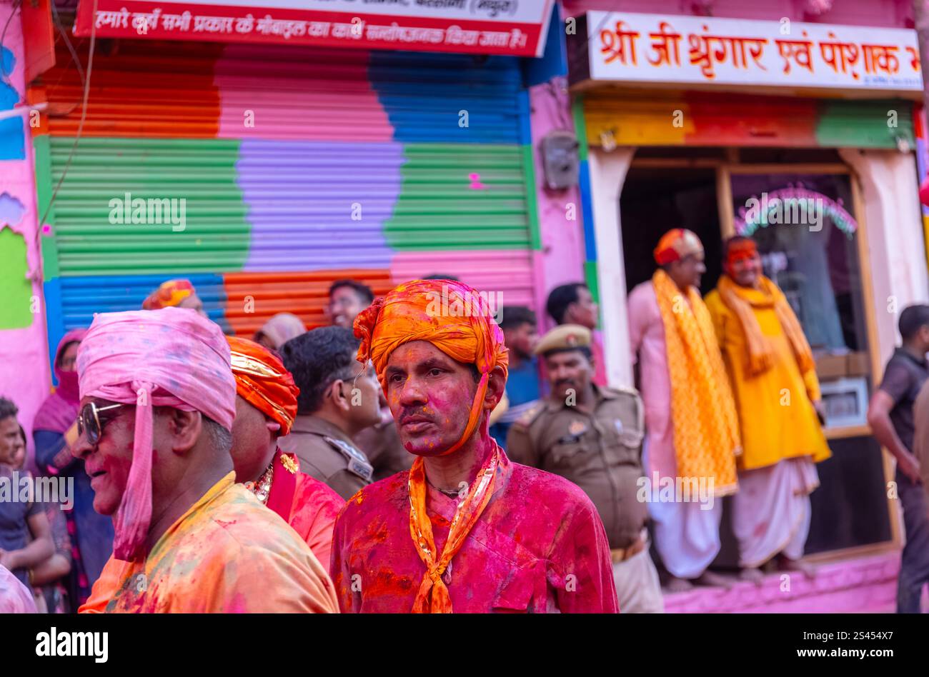 Group of hindu male from nandgaon in traditional clothes and colorful ...