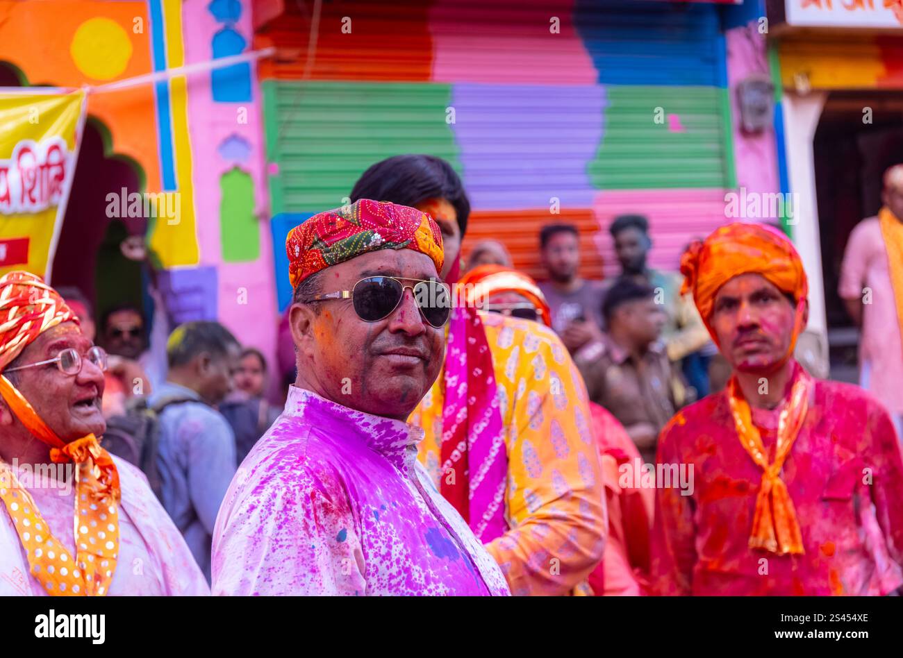 Group of hindu male from nandgaon in traditional clothes and colorful ...