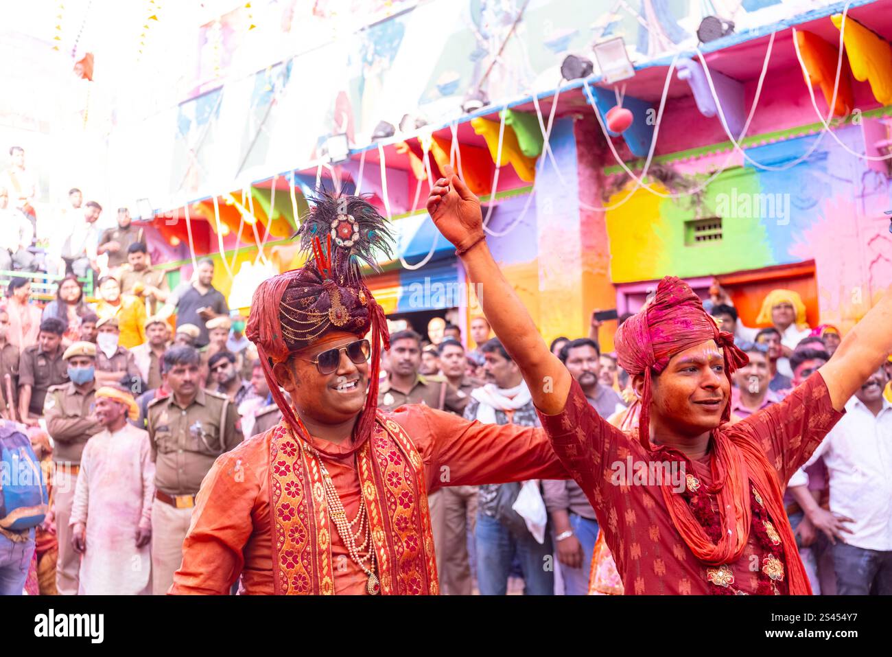 Group of hindu male from nandgaon in traditional clothes and colorful ...