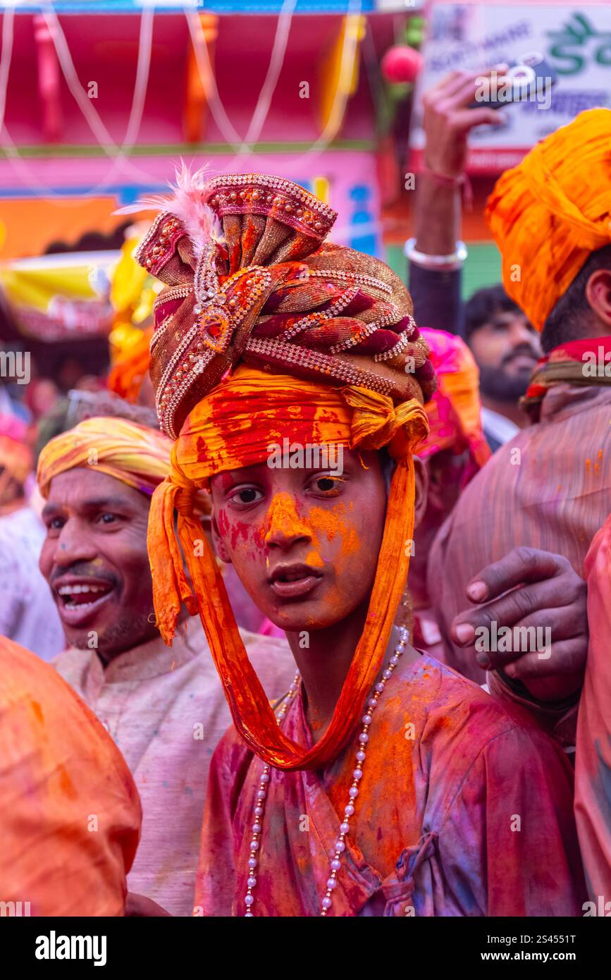 Group of hindu male from nandgaon in traditional clothes and colorful ...
