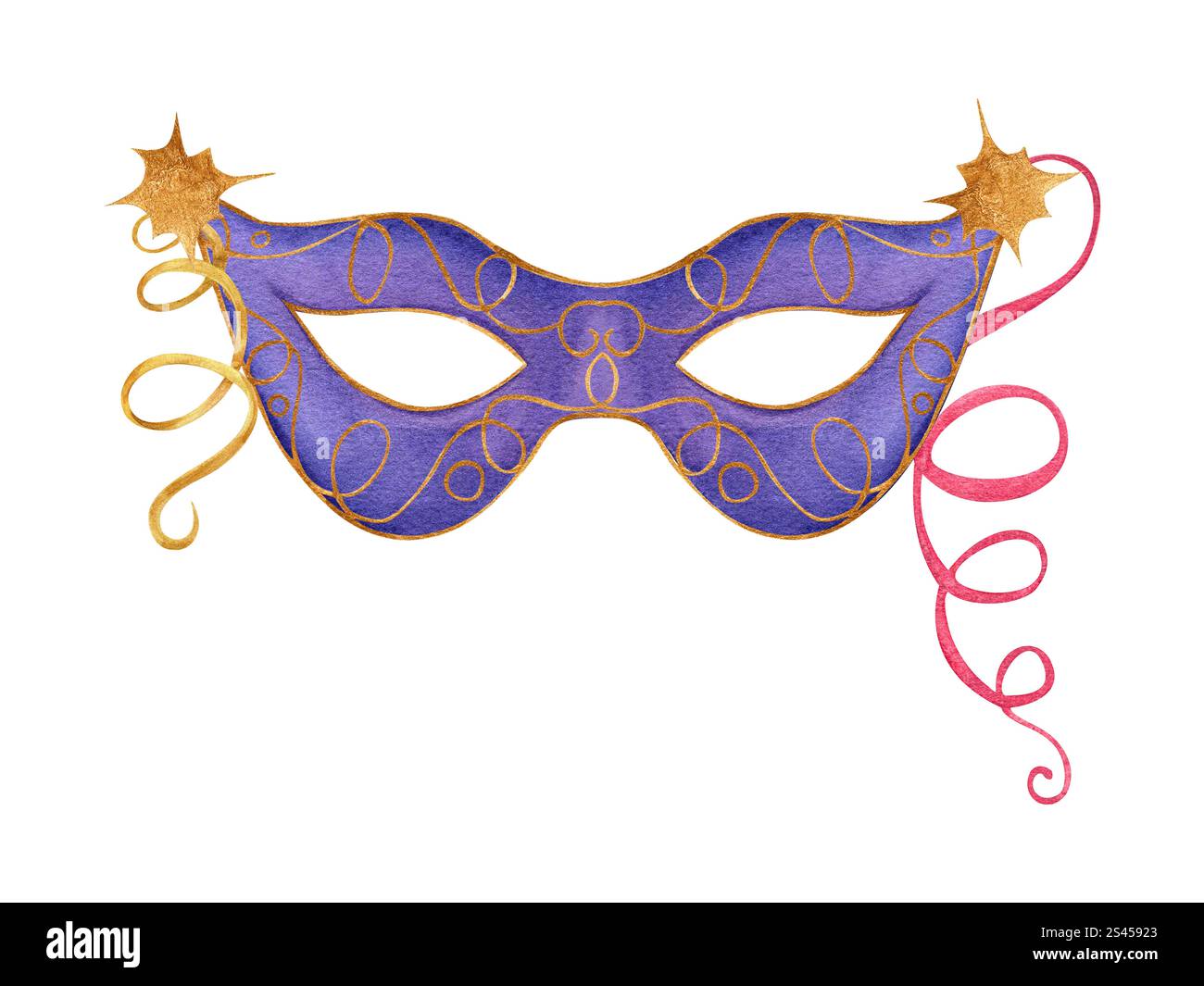 Carnival party mask with golden stars colored swirl ribbons watercolor ...