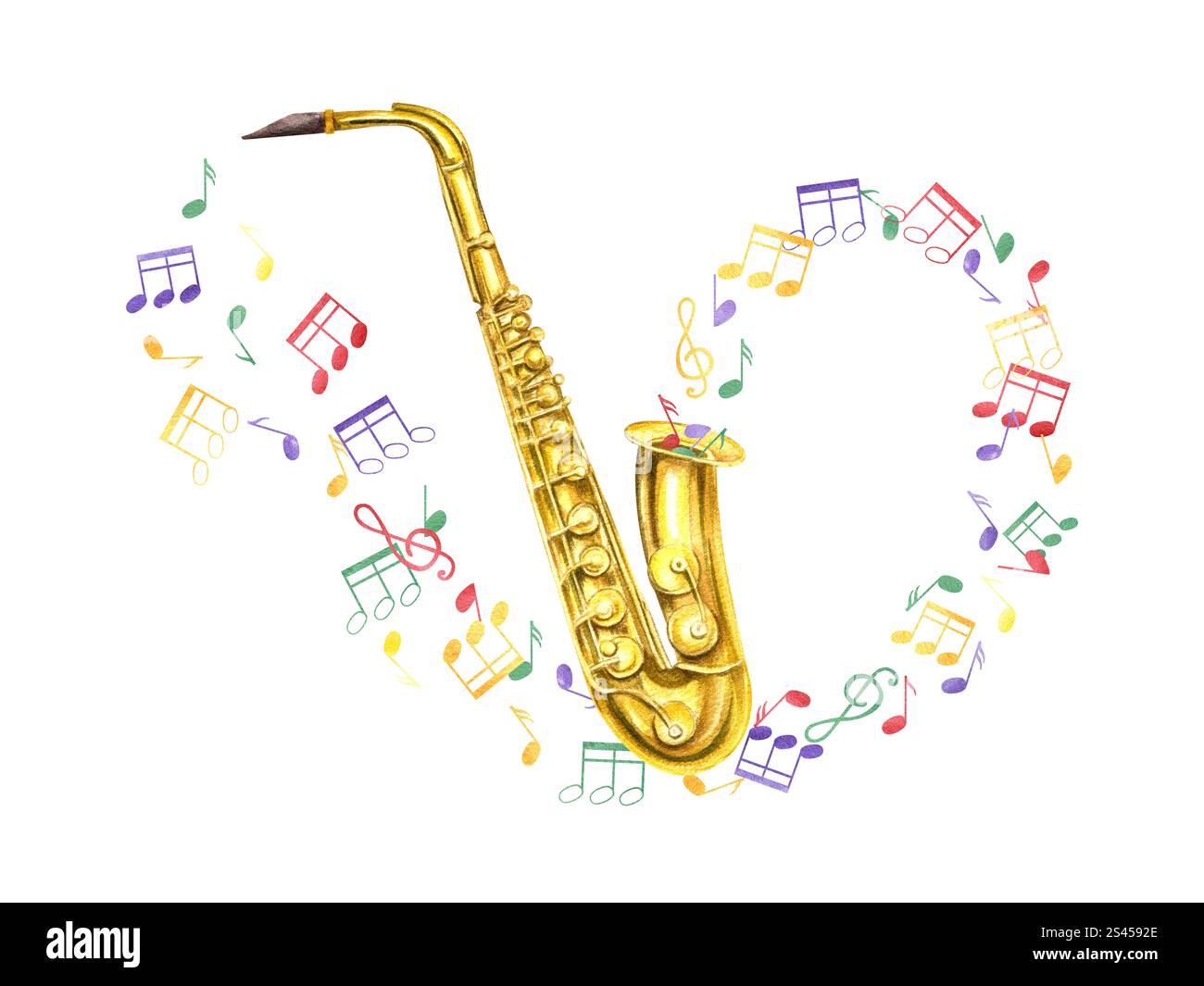 Watercolor shiny brass saxophone and musical notes flying out of ...