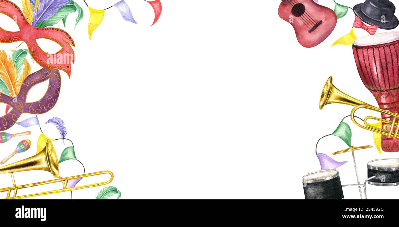 Watercolor Mardi Gras, Brasil carnival horizontal frame isolated ...