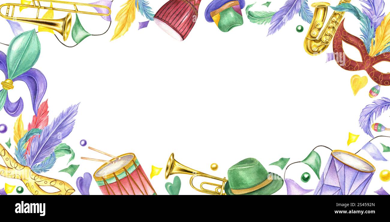 Watercolor Mardi gras symbol, music wind and percussion instruments ...