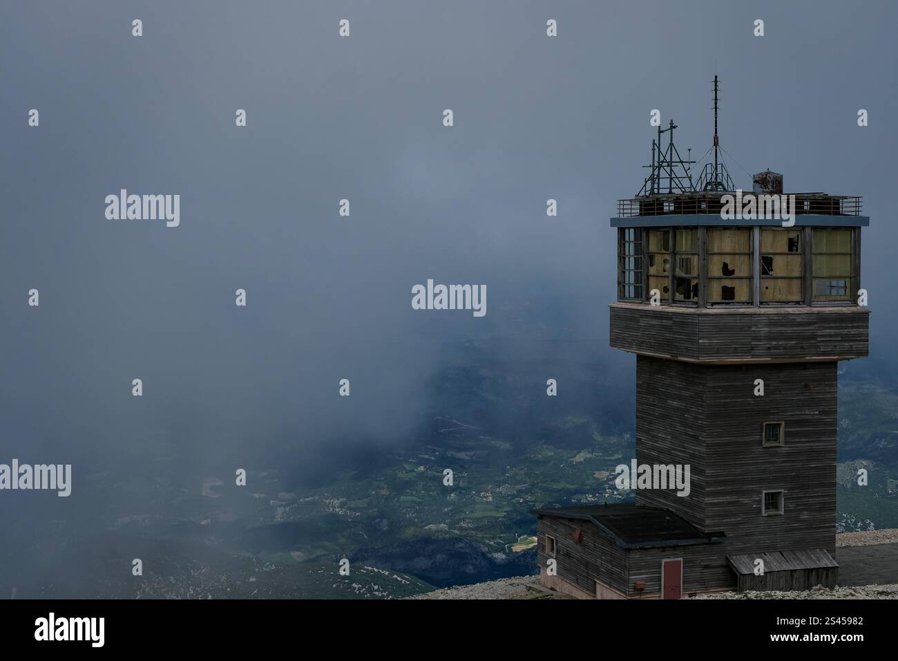 The old Mont Ventoux weather station on the summit. Fog. Provence ...
