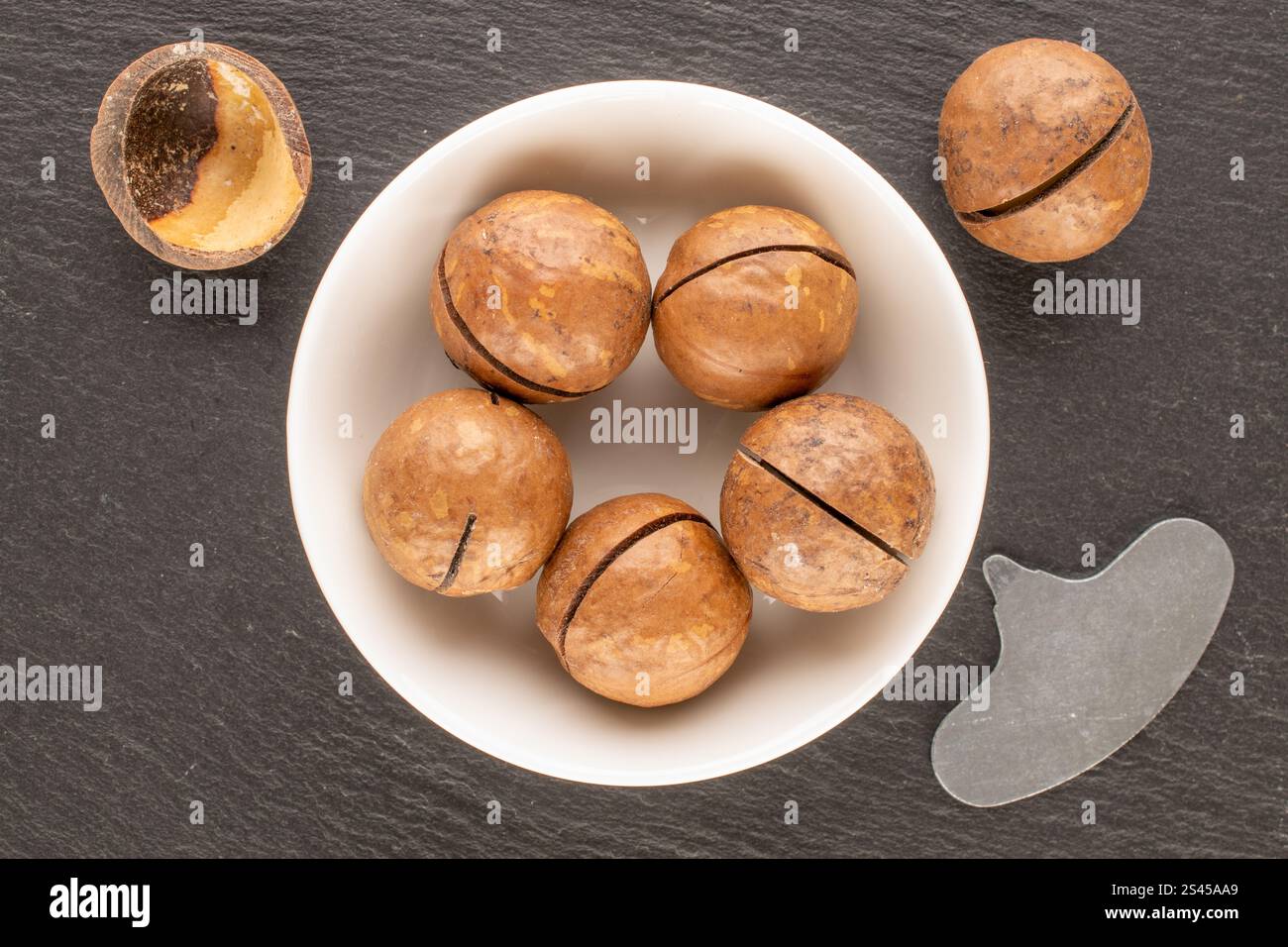 Macadamia nuts in shell with ceramic saucer on slate stone, top view ...