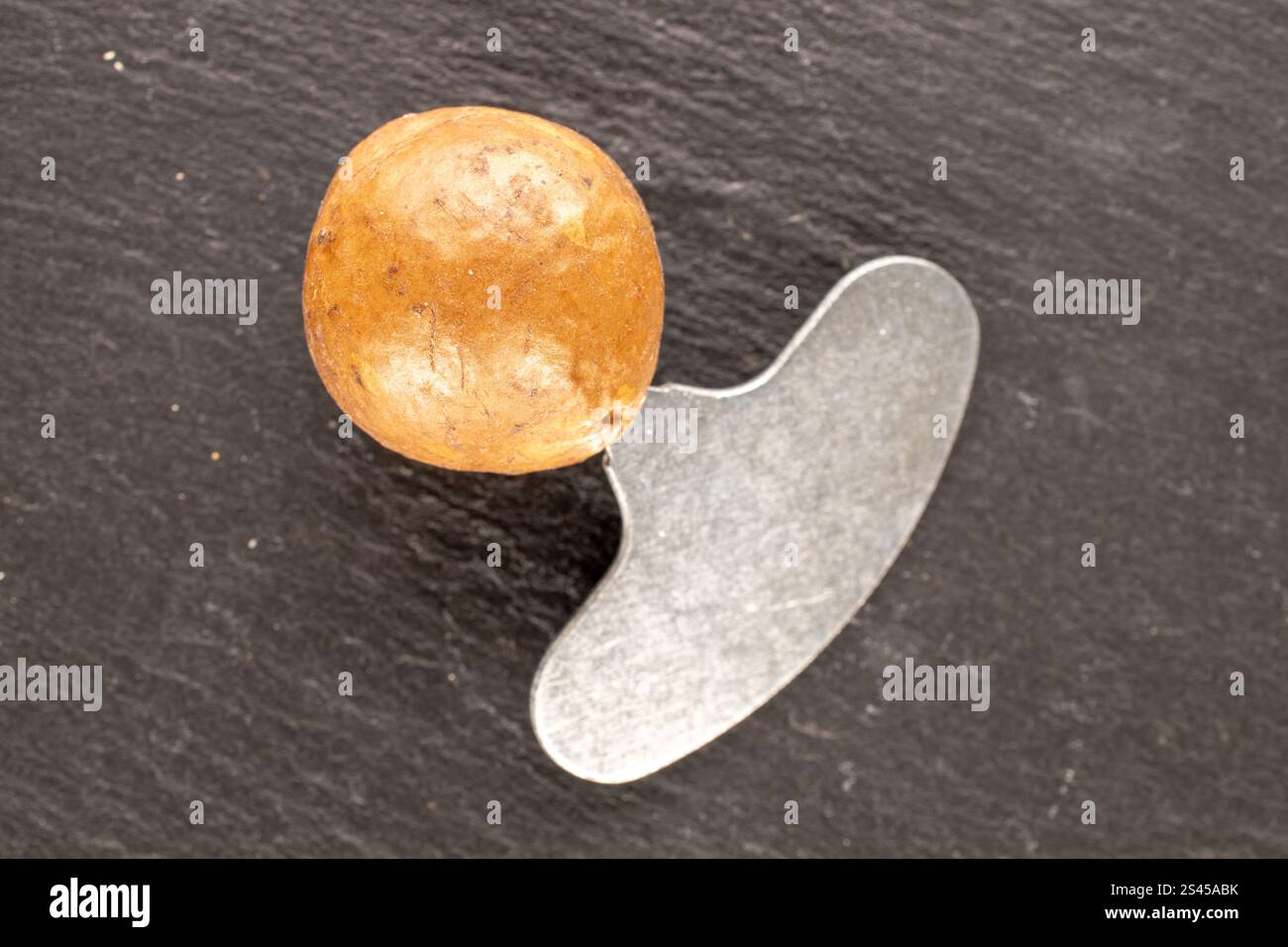 Macadamia nuts in shell with metal key on slate stone, top view Stock ...