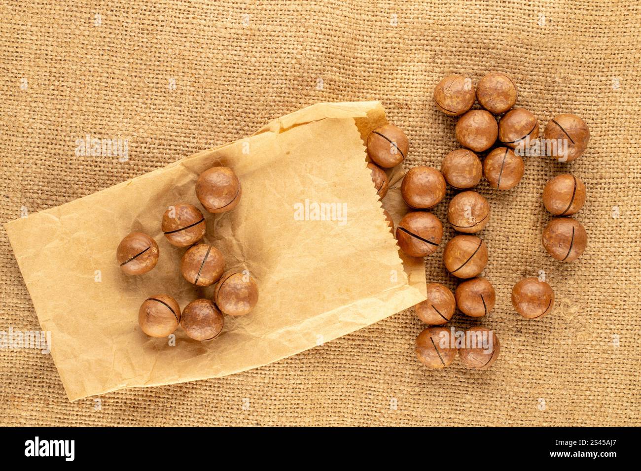 Macadamia nuts in shell with paper bag on jute cloth, top view Stock ...