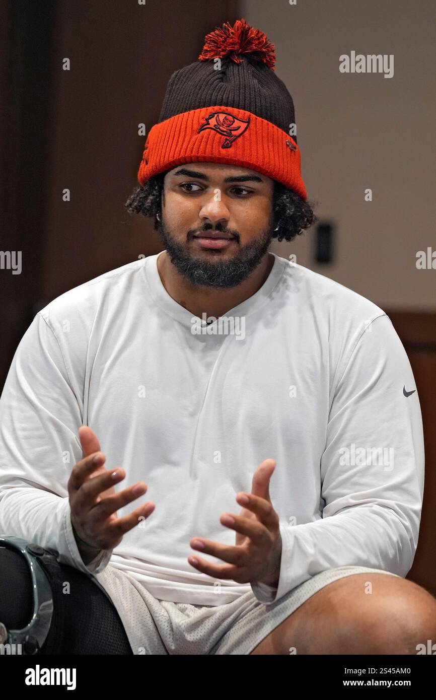 Tampa Bay Buccaneers offensive lineman Tristan Wirfs gestures during an ...