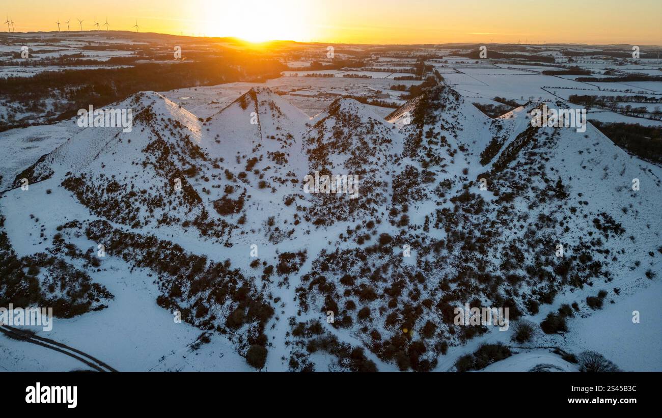 Aerial view of the Five Sisters shale bing after overnight snow, West ...