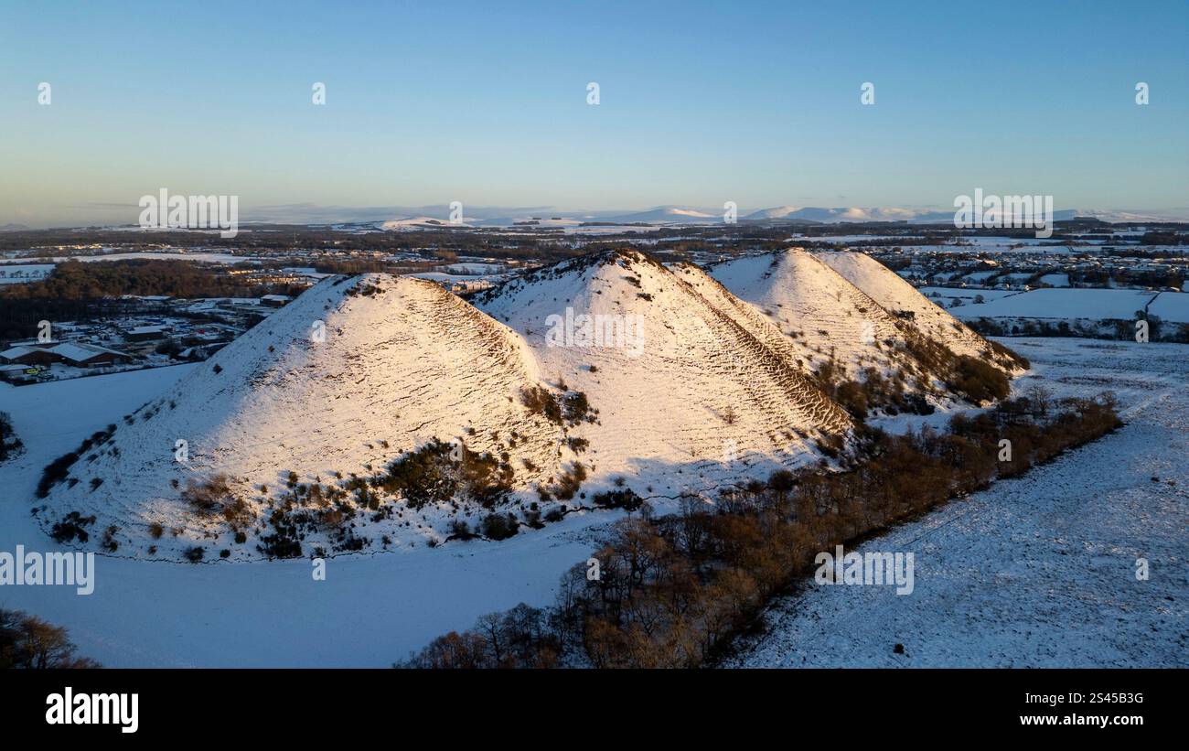 Aerial view of the Five Sisters shale bing after overnight snow, West ...