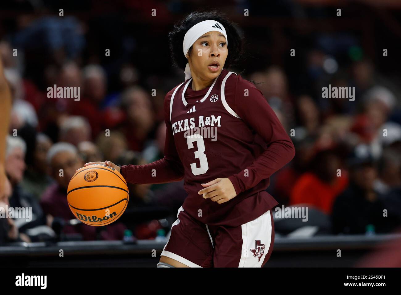 Texas A&M guard Erica Moon looks to pass against South Carolina during ...