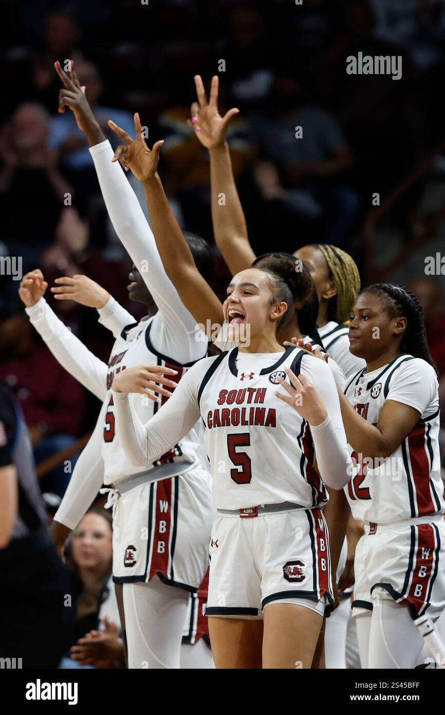 South Carolina guard Tessa Johnson (5) joins teammates celebrating a ...