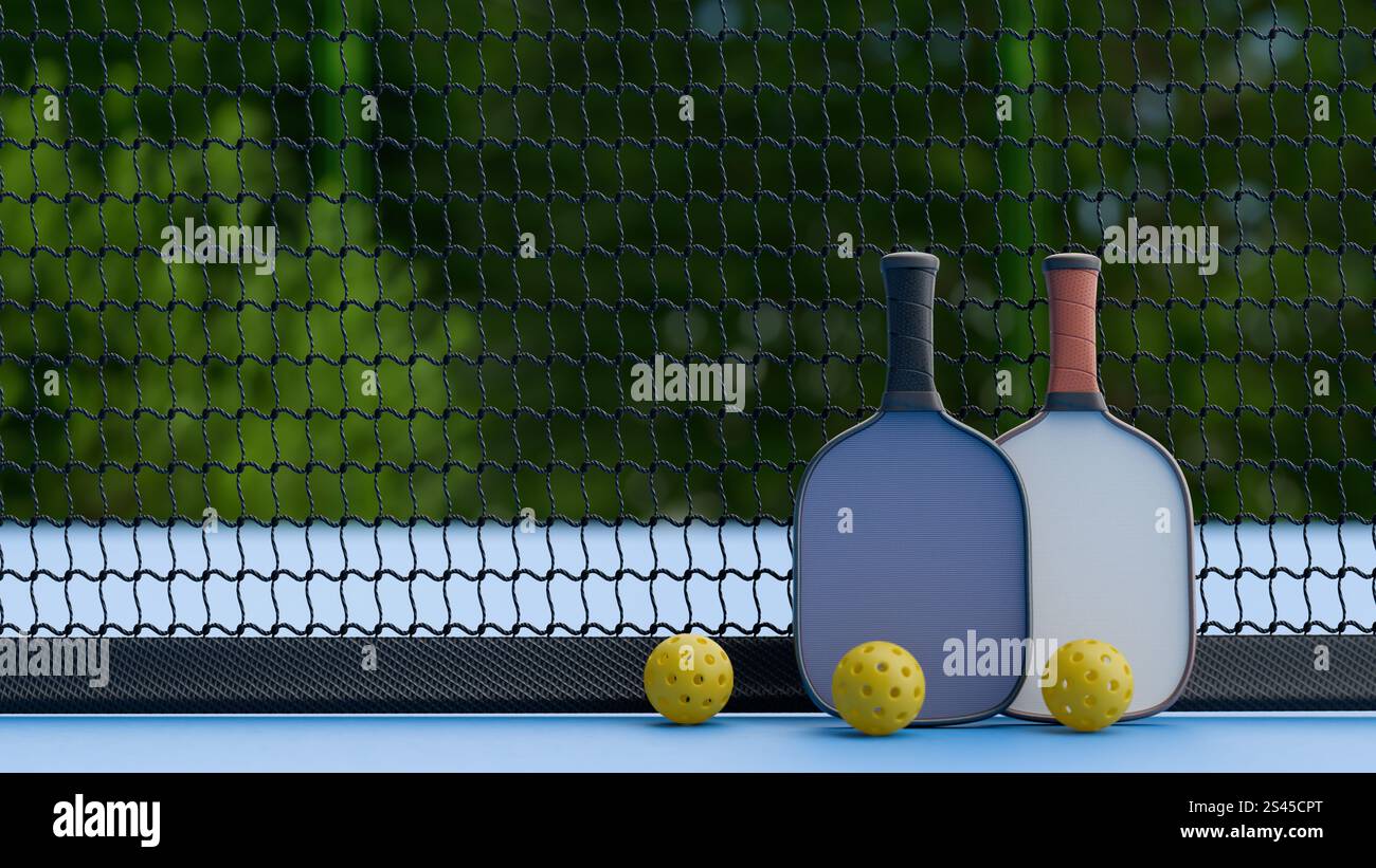 Two pickleball paddles and balls on a court, ready for play. 3d ...