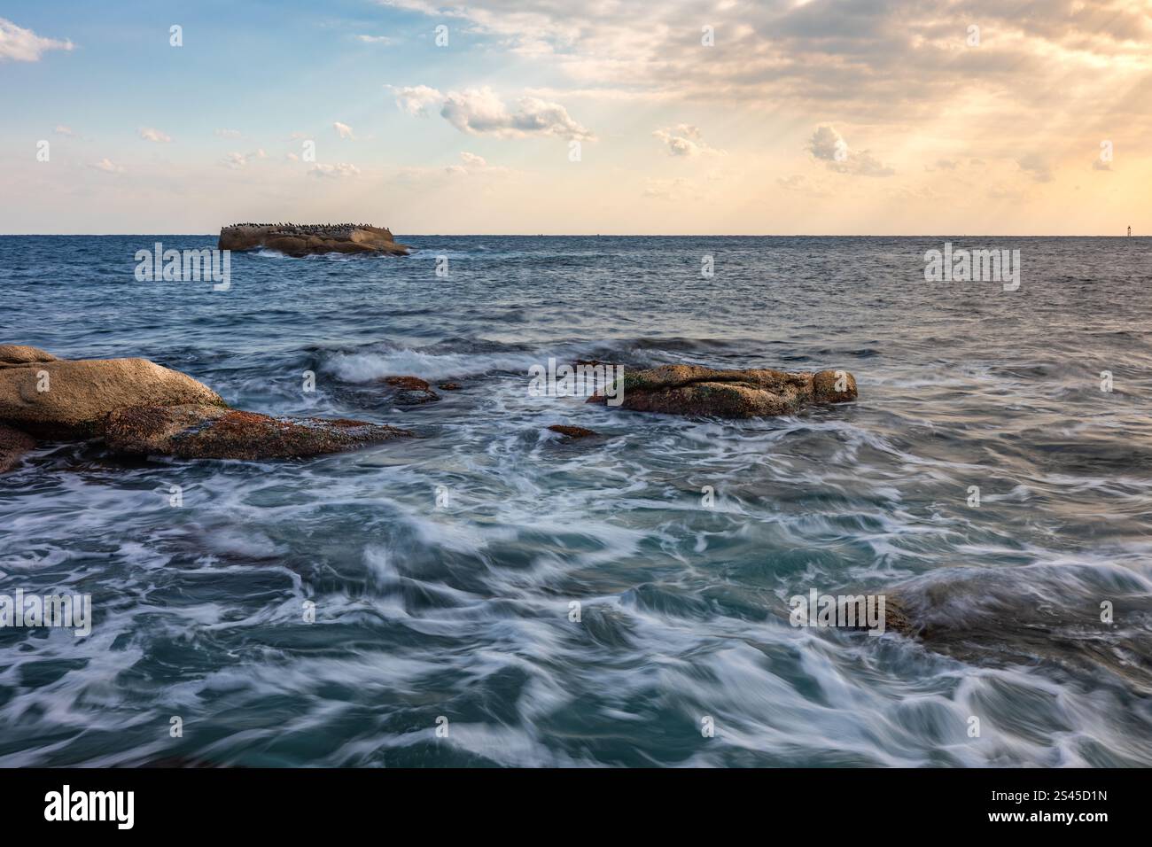Beautiful sea sunrise scenery, rough waves with reef rocks Stock Photo ...