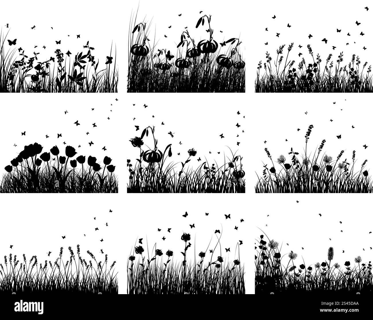 Nine vector grass silhouettes backgrounds. All objects are separated ...