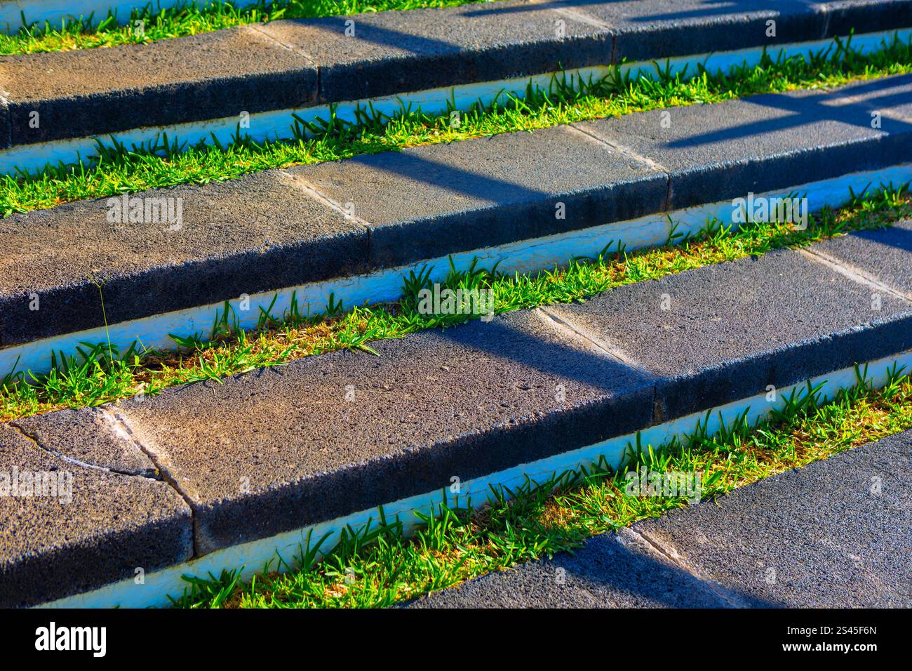 Concrete steps with grass growing between cracks and edges of each step ...
