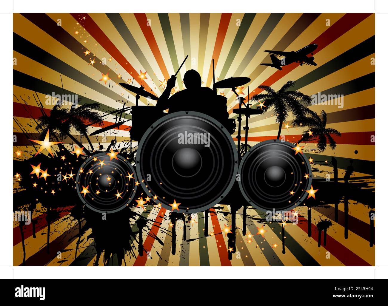 Musical retro grunge background with drummer. Vector illustration. EPS ...