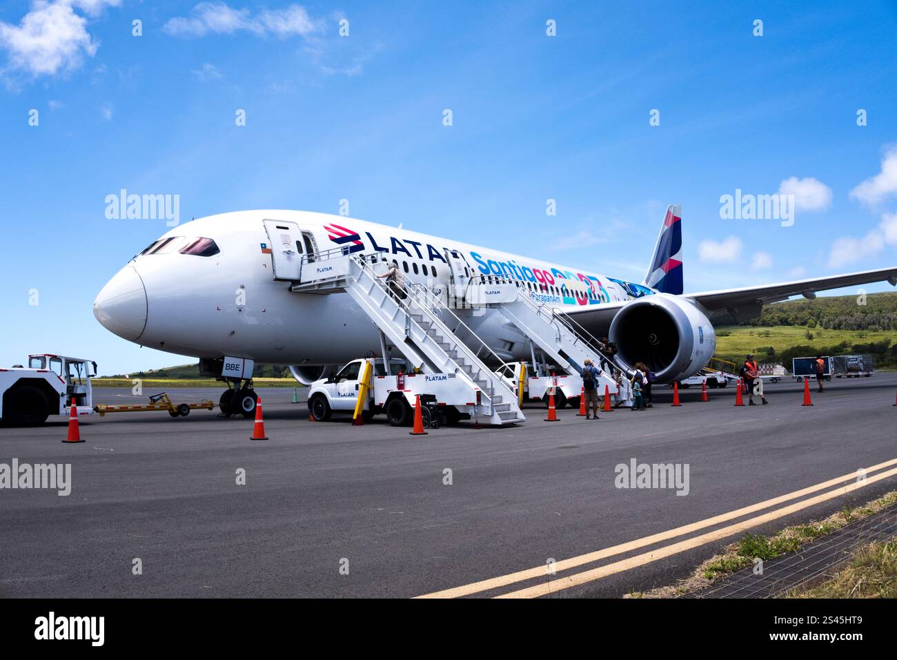 A LATAM Boeing 787 airliner prepares for boarding at Mataveri ...