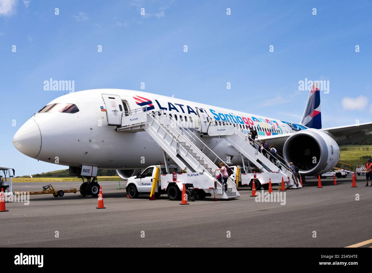 A LATAM Boeing 787 airliner prepares for boarding at Mataveri ...