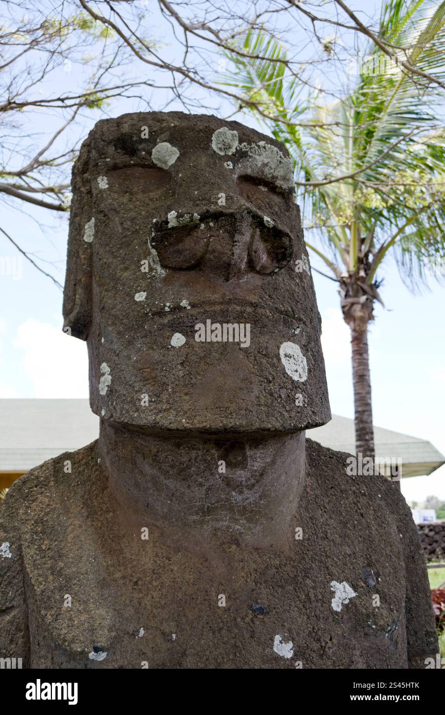 A Moai (ancient stone statue) stands in garden at Mataveri ...