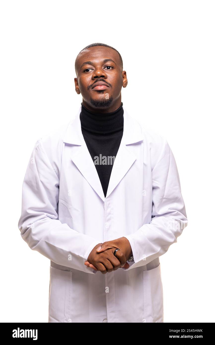 A confident individual in a white lab coat, with hands clasped, exudes ...
