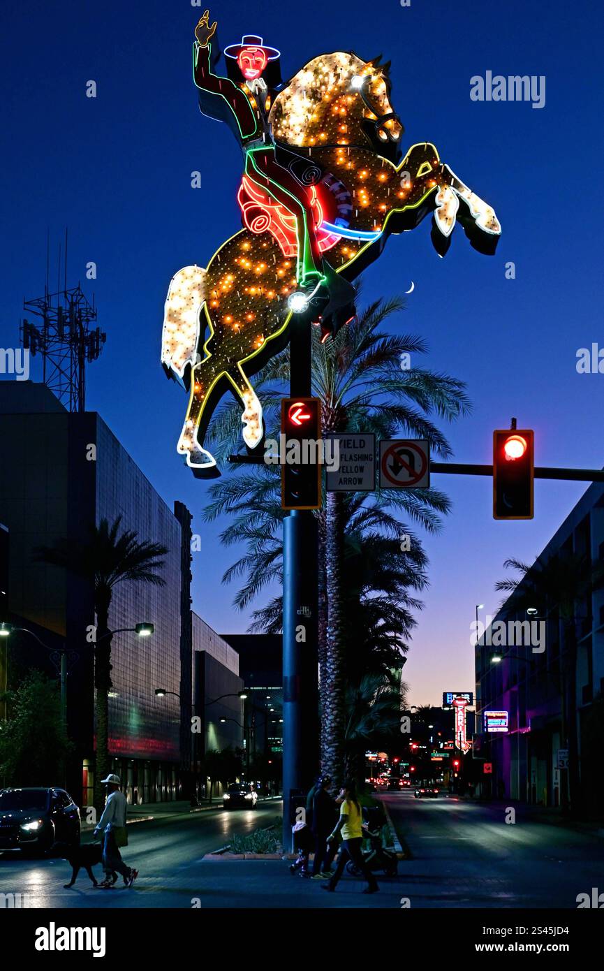 Horse and rider neon sign, Fremont Street, Las Vegas, Nevada, USA Stock ...