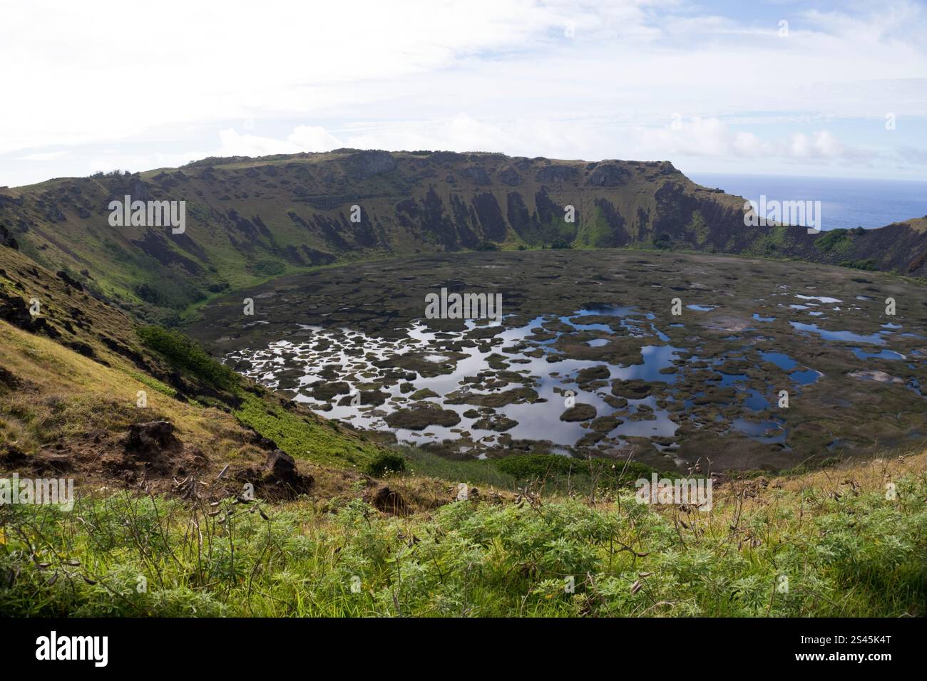 Water sits in the bottom of the crater at Rano Kau, the extinct volcano ...