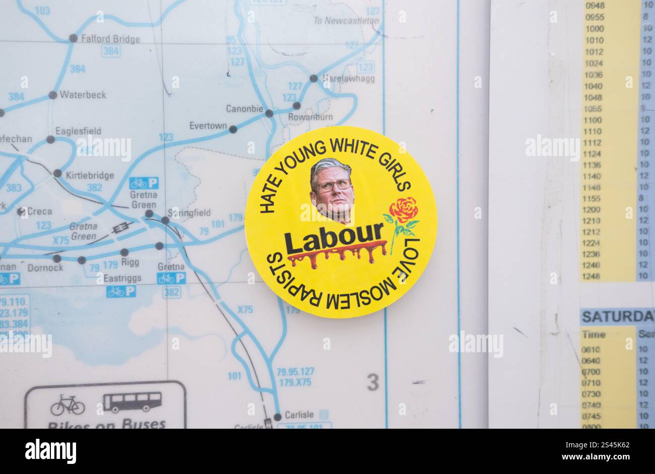 In a bus shelter in Dumfries town centre, Scotland, a political sticker ...