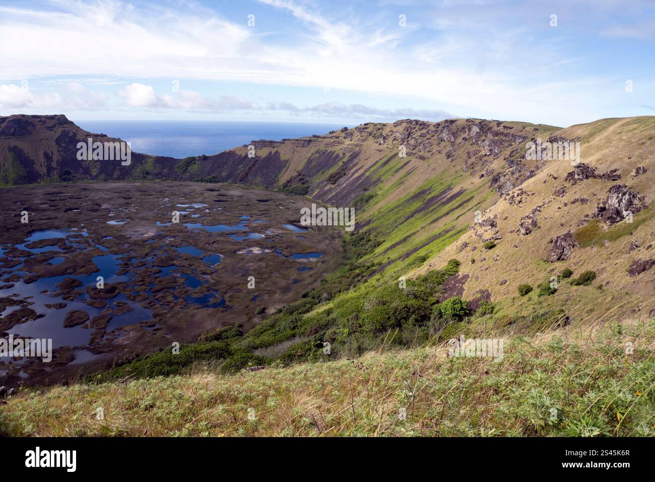 Water sits in the bottom of the crater at Rano Kau, the extinct volcano ...