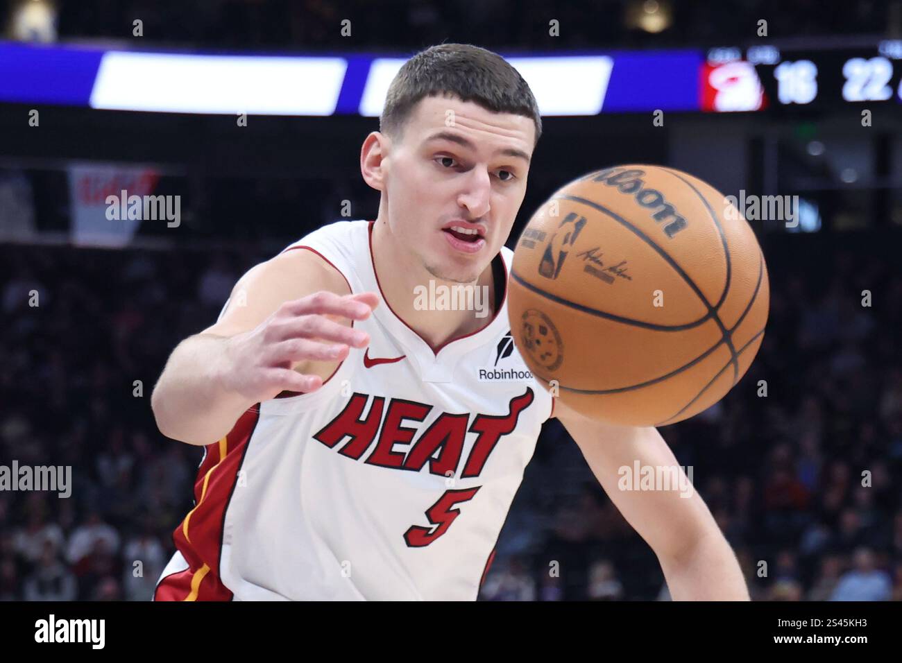 Miami Heat forward Nikola Jovic goes for the ball during an NBA ...