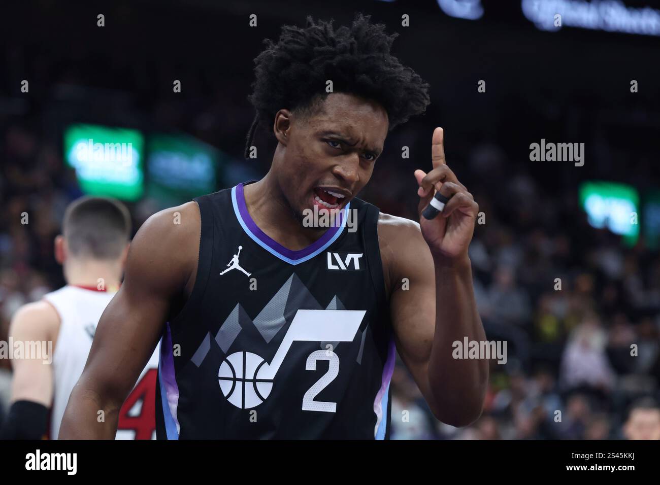 Utah Jazz guard Collin Sexton reacts to a play against the Miami Heat ...