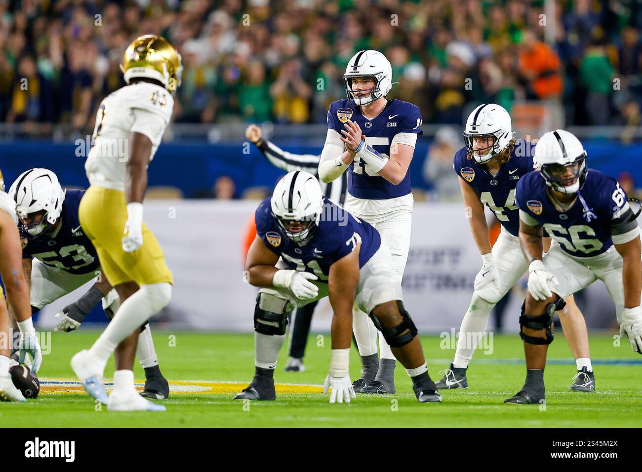 MIAMI GARDENS, FL - JANUARY 09: Quarterback Drew Allar #15 of the Penn State Nittany Lions gets ...